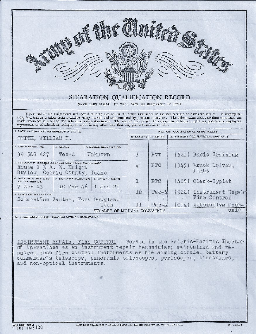 William H. Smith Military Documents